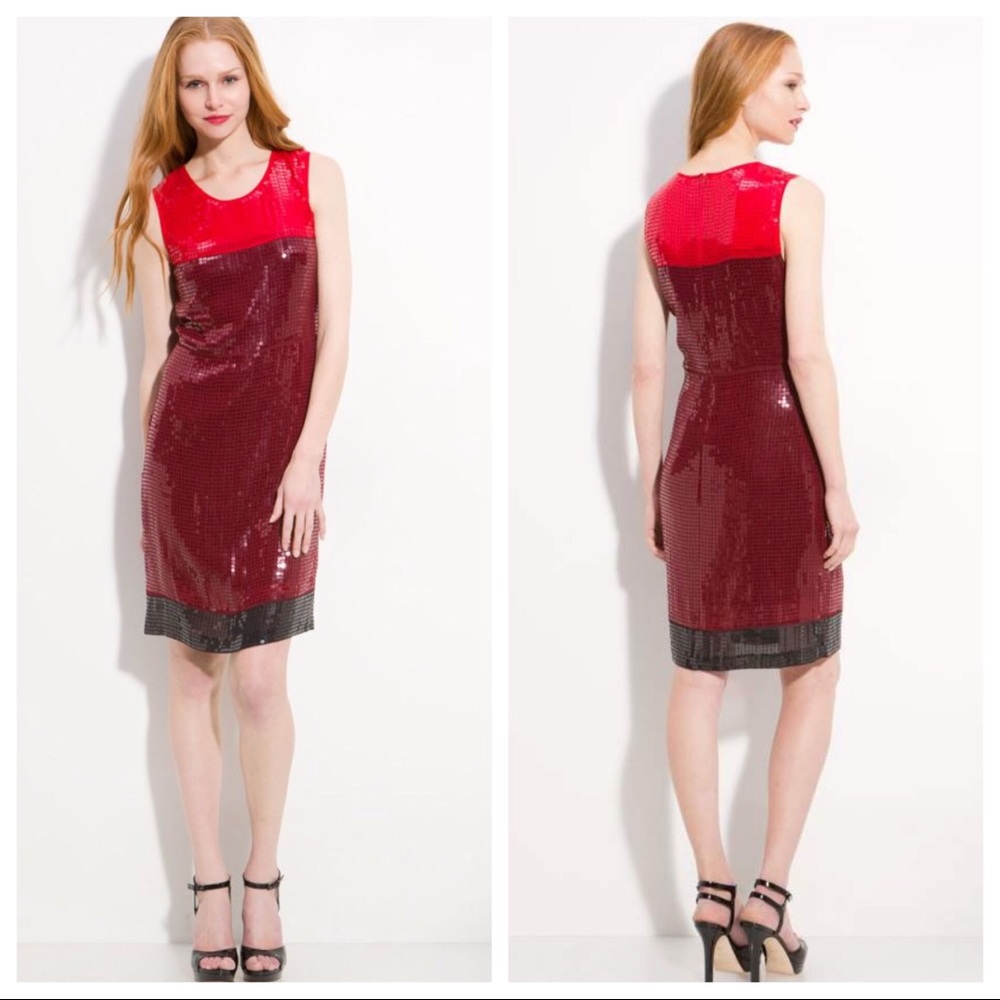 Dkny Red Color Block Sequin Shift - Gem
